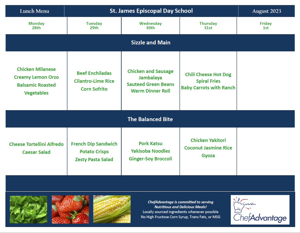 Lunch Menu | St. James Episcopal Day School | Baton Rouge