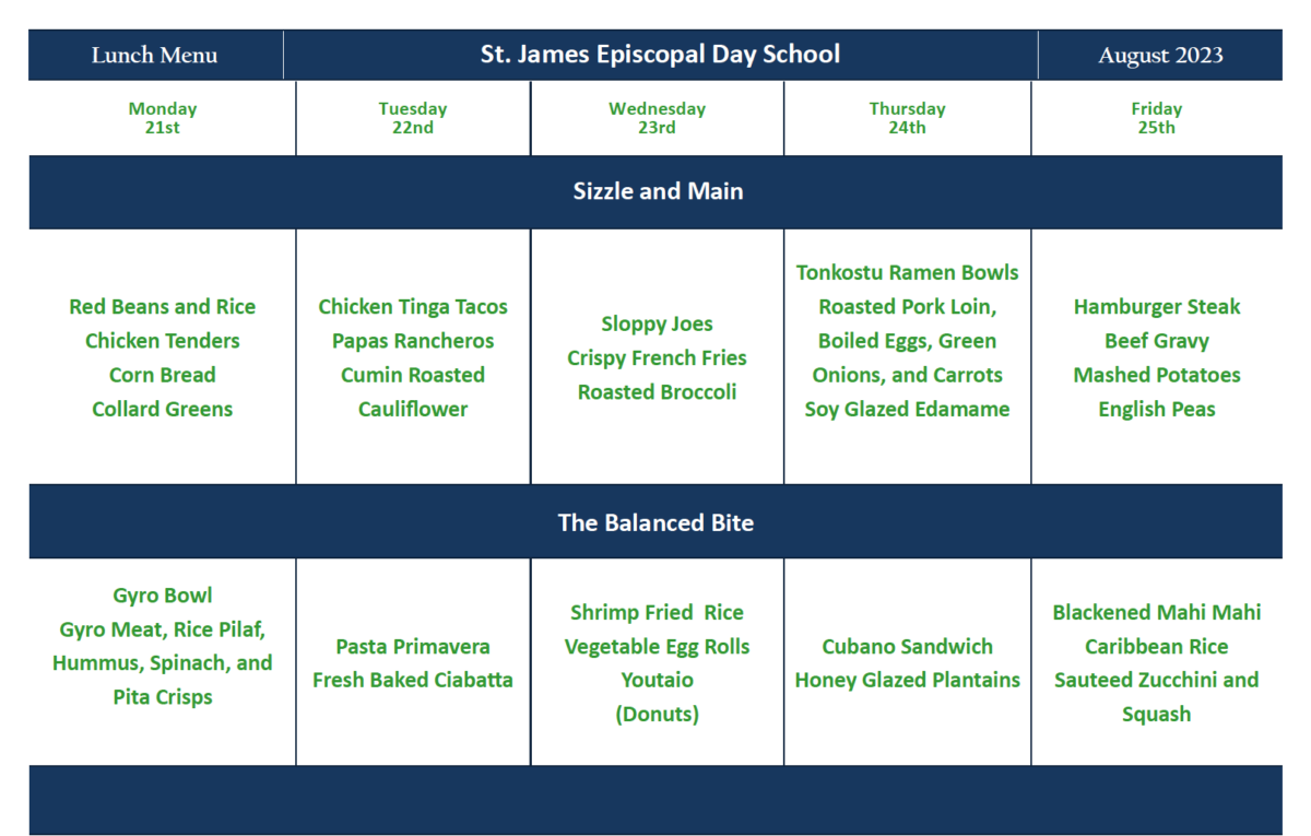 Lunch Menu | St. James Episcopal Day School | Baton Rouge