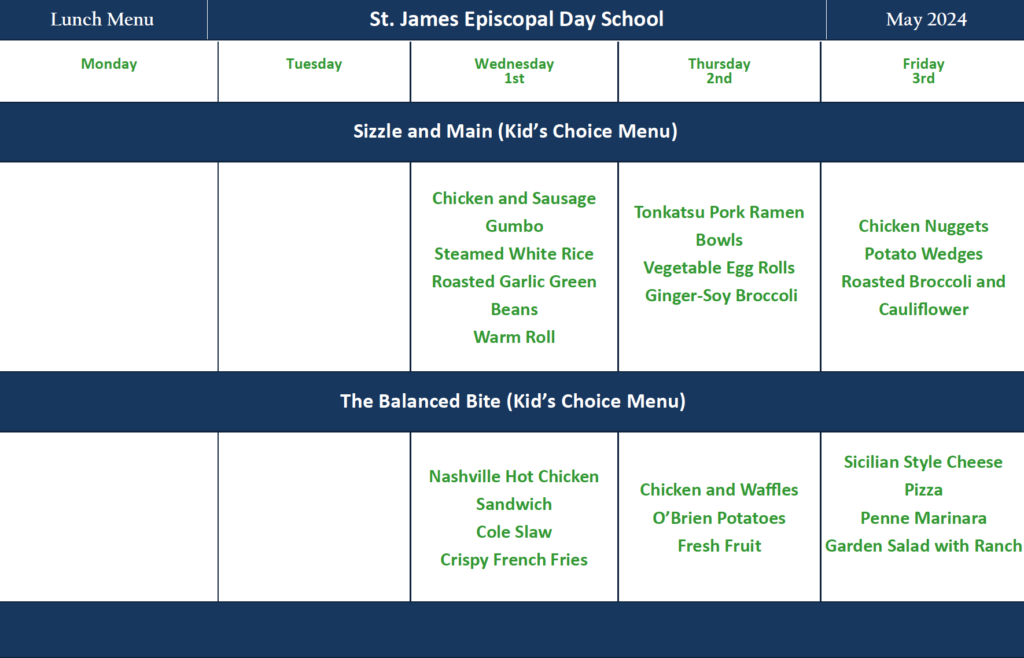 Lunch Menu | St. James Episcopal Day School | Baton Rouge